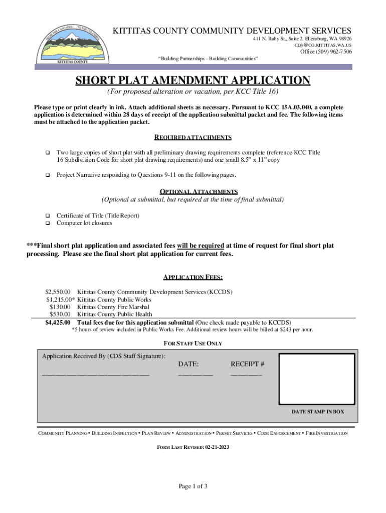 Fillable Online Short Plat Amendment Application - Kittitas County Fax ...