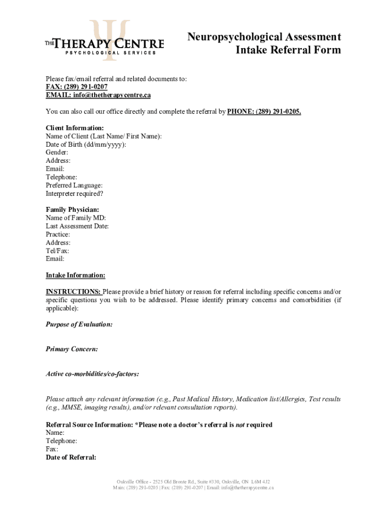 Fillable Online Neuropsychological Assessment Information Sheet Fax ...