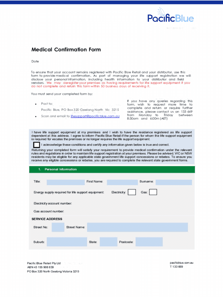 Fillable Online Medical Confirmation Form - Pacific Blue Fax Email ...