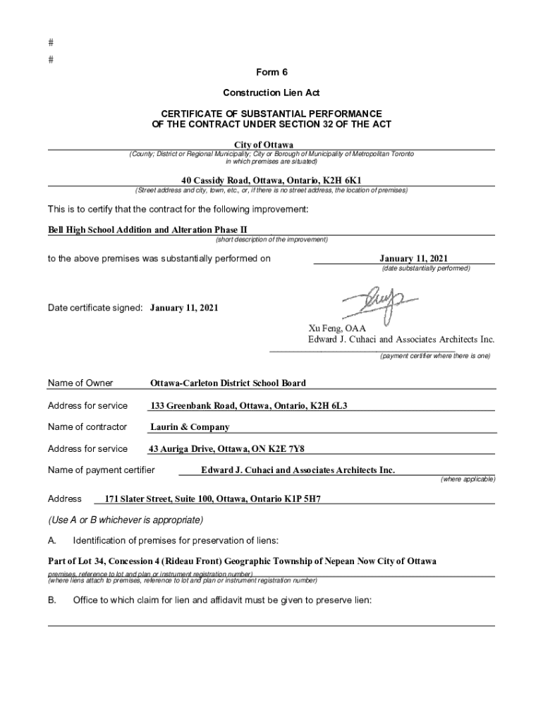 Fillable Online Form 6 Construction Lien Act CERTIFICATE OF SUBSTANTIAL ...