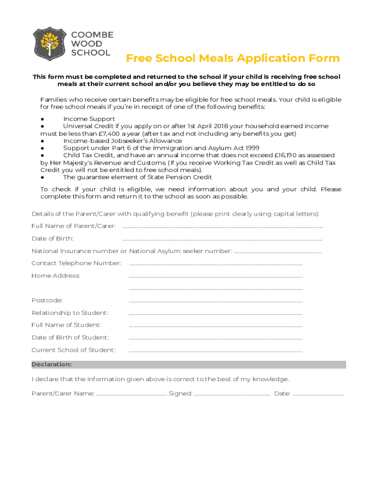 Fillable Online 11a Free School Meals Application Form.docx Fax Email ...