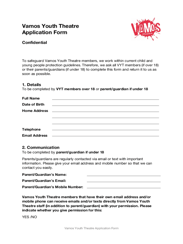 Fillable Online Vamos Youth Theatre Application Form. Vamos Youth ...