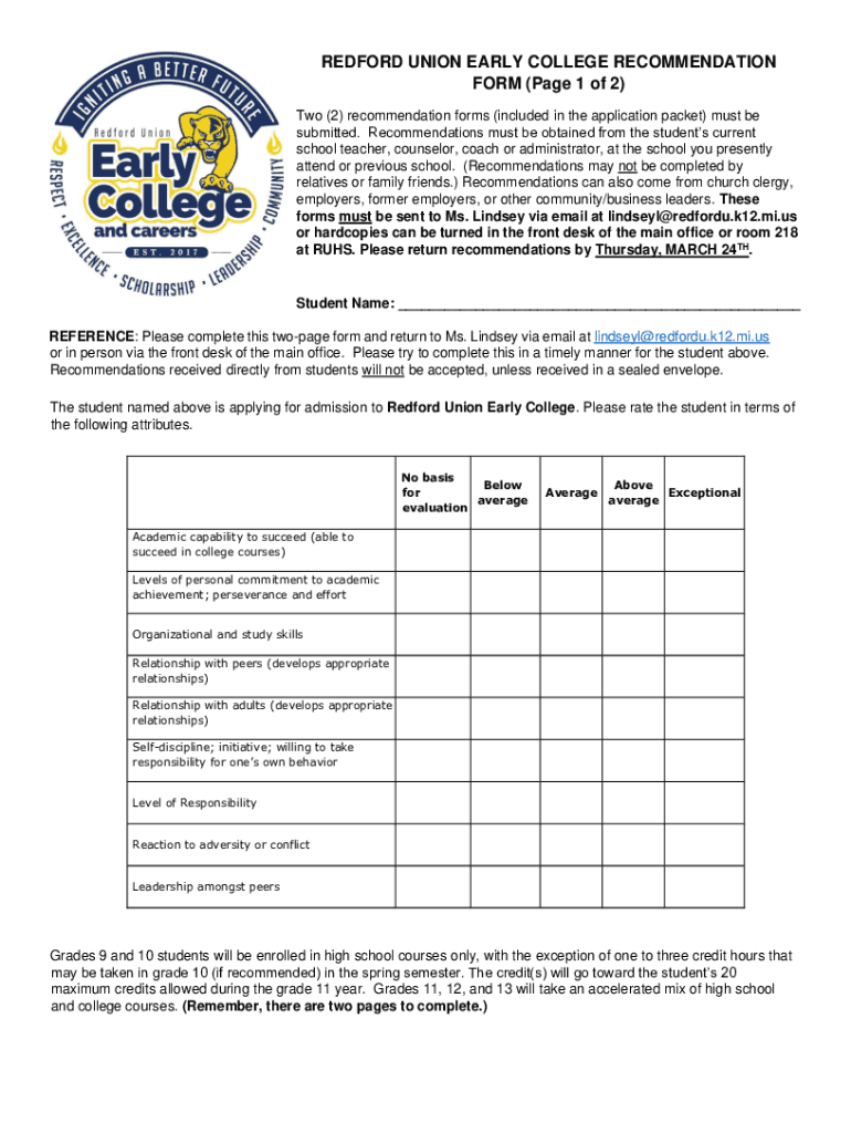 Fillable Online Early College and Careers - Redford Union High School Fax Email Print - pdfFiller
