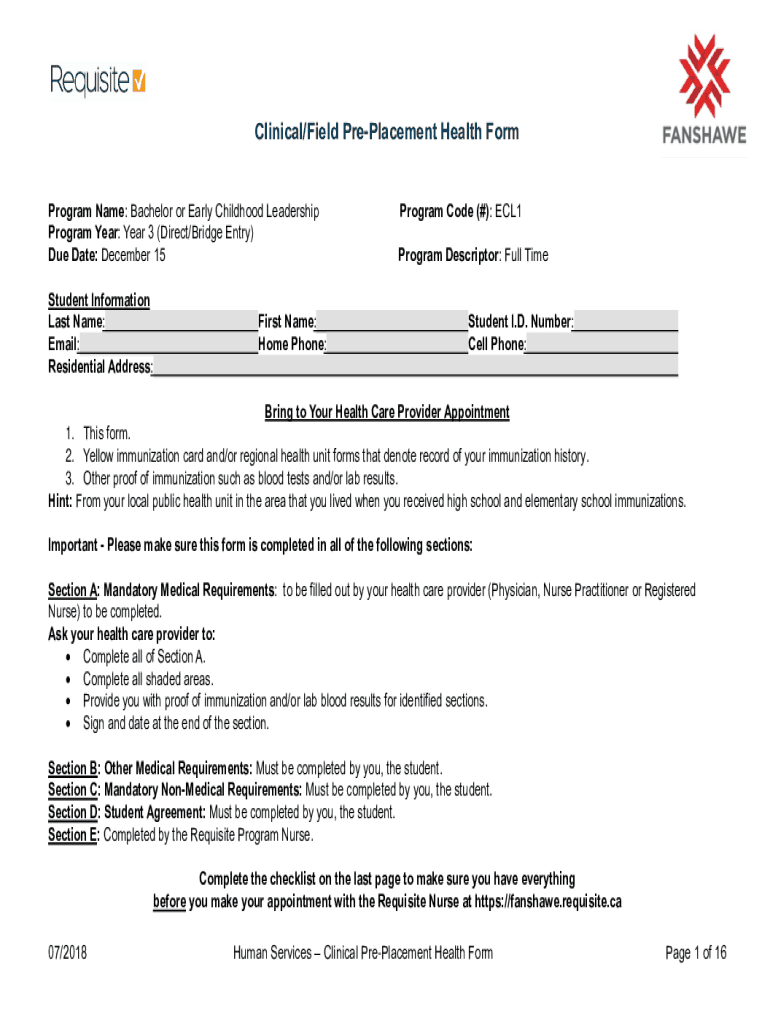 Fillable Online Clinical Pre-Placement Health Form Autism and Behavioural Science (Weekend) Year ...
