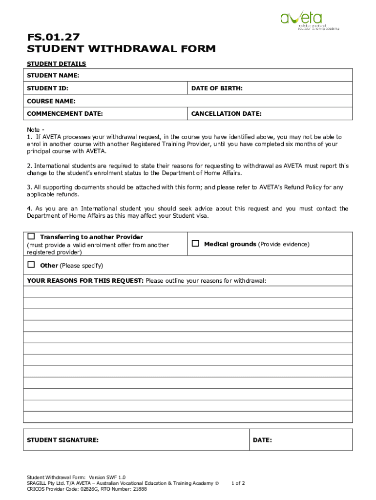 Fillable Online FS.01.27 STUDENT WITHDRAWAL FORM Aveta Fax Email Print - pdfFiller