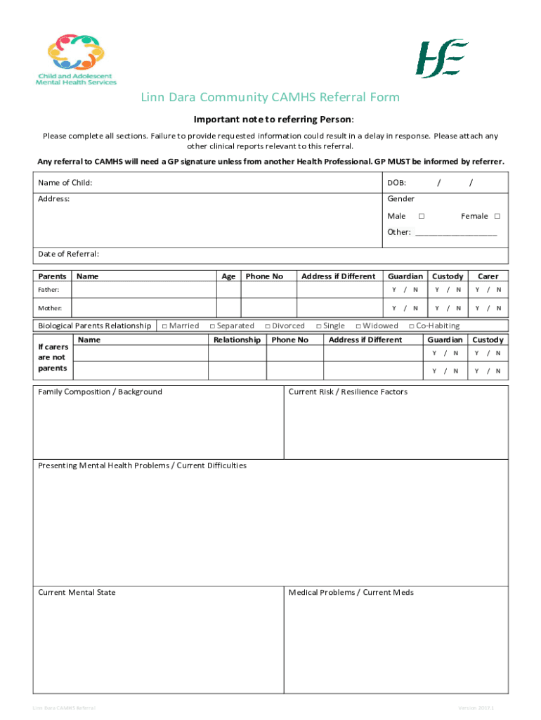 Fillable Online Linn Dara Community CAMHS Referral Form - HSE Fax Email ...