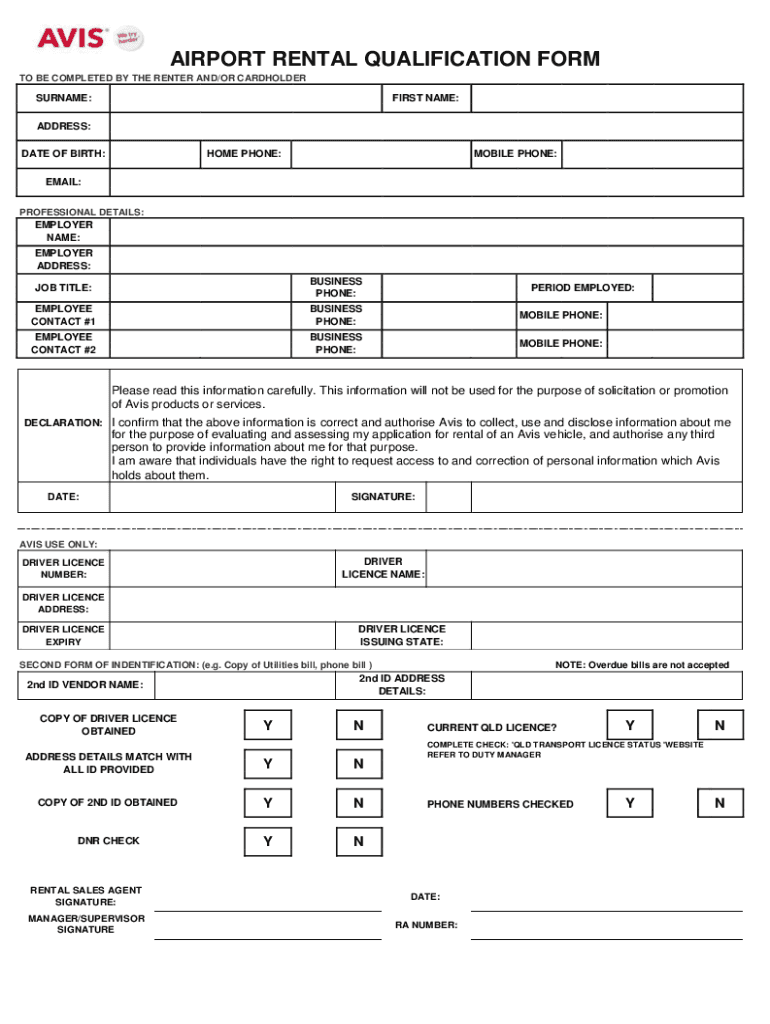 Fillable Online Airport Rental Qualification Form. Airport Rental ...