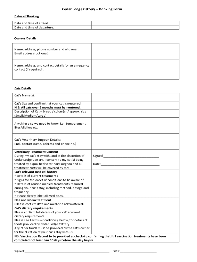 Fillable Online Booking Contract Form - Gordon May's Purrrfect Cattery Fax Email Print - pdfFiller
