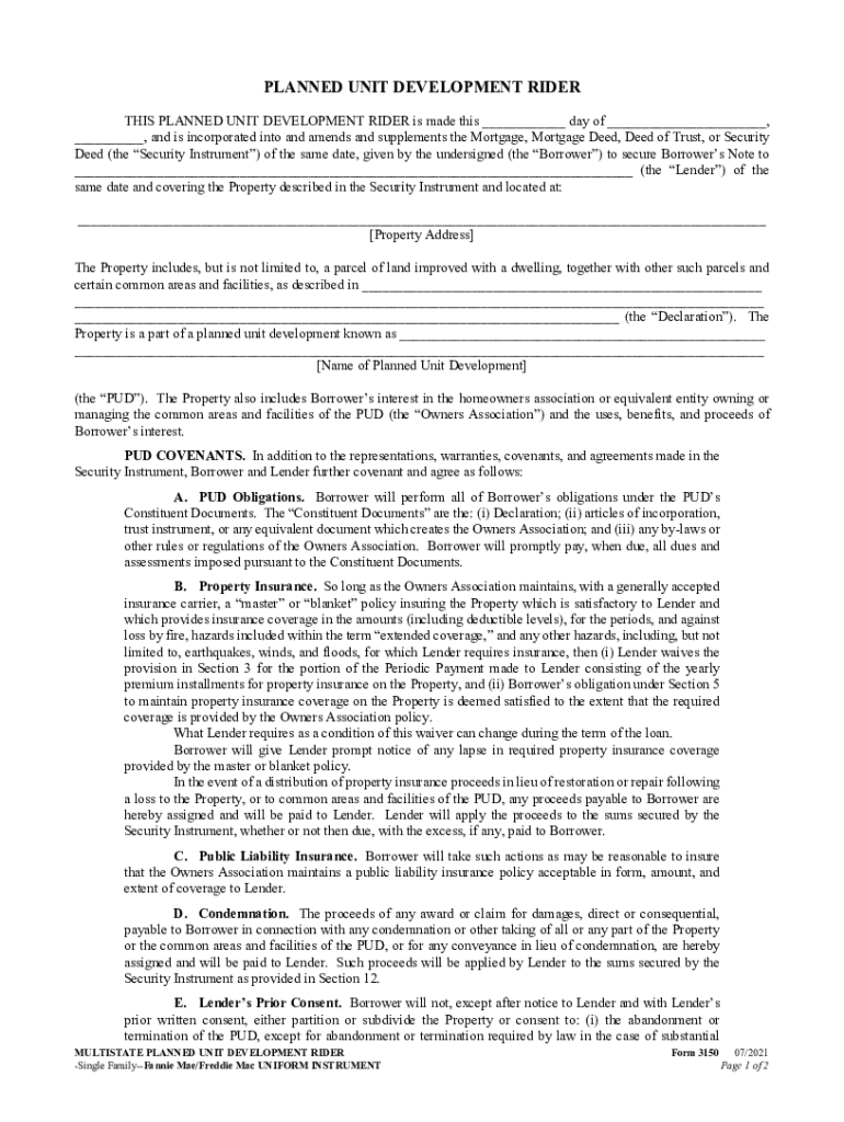 Fillable Online Multistate Planned Unit Development Rider. Single ...