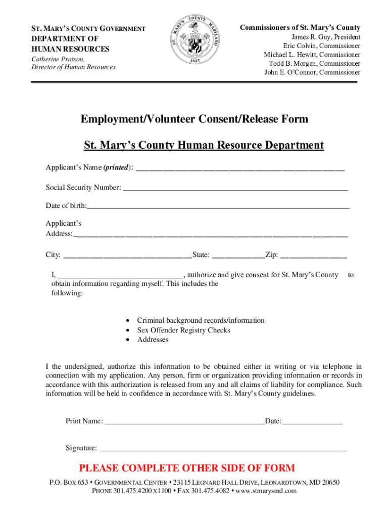 Fillable Online Employment/Volunteer Consent/Release Form St. Mary's County ... Fax Email Print ...