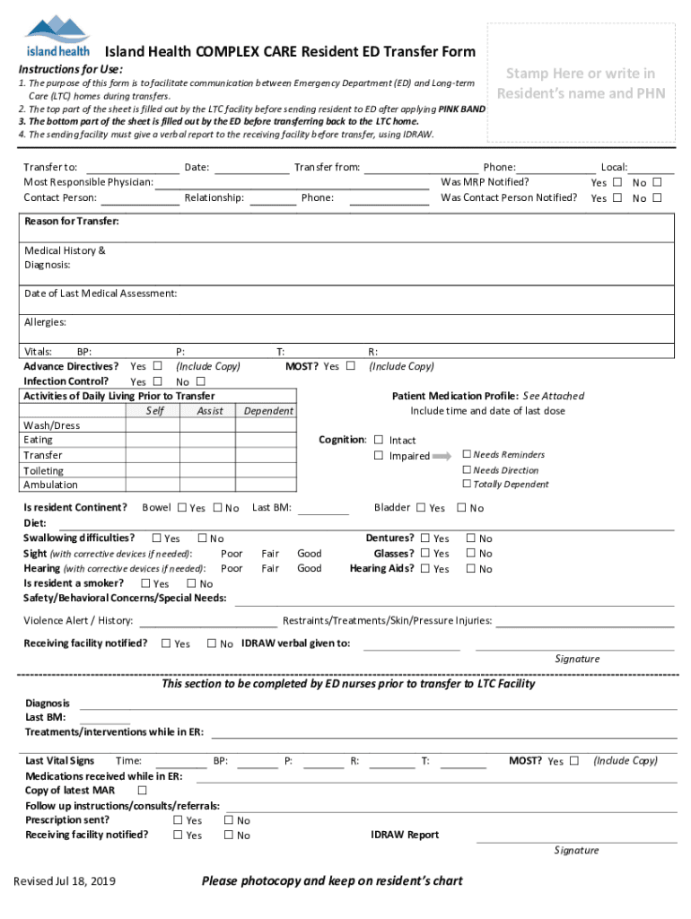 Fillable Online Island Health COMPLEX CARE Resident ED Transfer Form Fax Email Print - pdfFiller