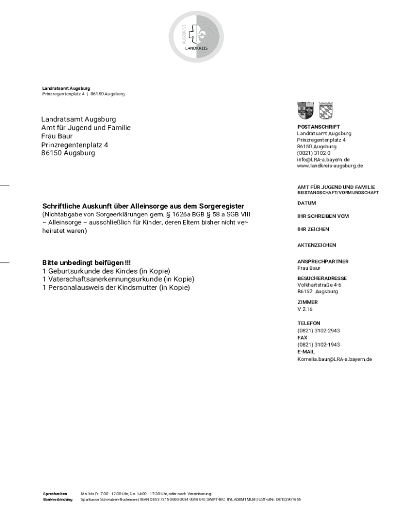 Ausfüllbar Online Schriftliche Auskunft ber Alleinsorge aus dem Sorgeregister Fax Email Drucken ...