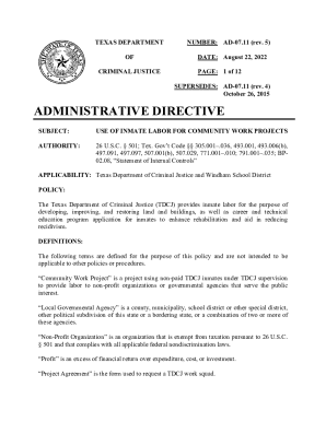 Fillable Online tdcj state tx AD-07.11 Use of Inmate Labor for ...