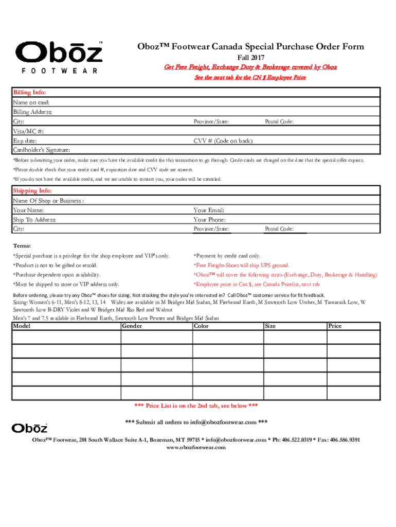 Fillable Online Oboz Footwear Canada Special Purchase Order Form Fax Email Print - pdfFiller