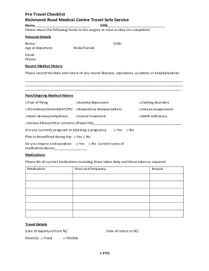 Fillable Online Pre Travel Checklist Richmond Road Medical Centre ...