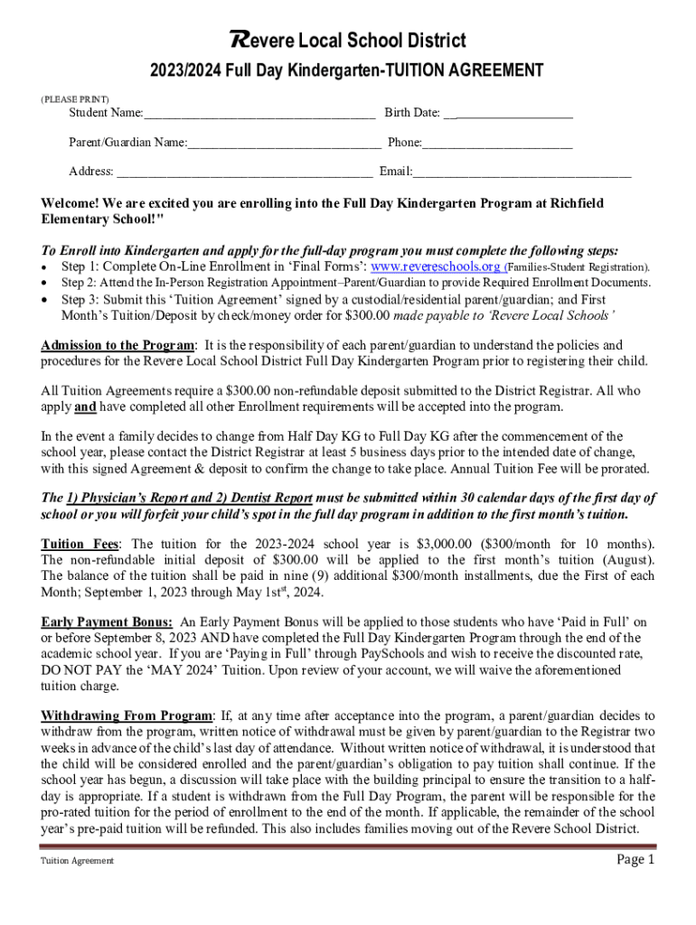 Fillable Online Tuition Agreement - Revere Local Schools Fax Email ...