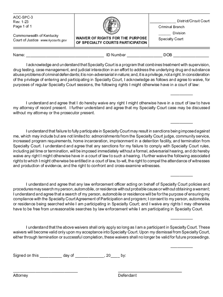Fillable Online waiver of rights for the purpose of specialty courts ...