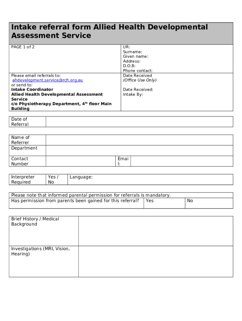 Intake referral Allied Health Developmental Assessment Service Doc ...