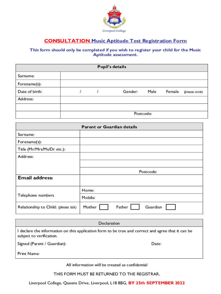 Fillable Online CONSULTATION Music Aptitude Test Registration Form Fax ...