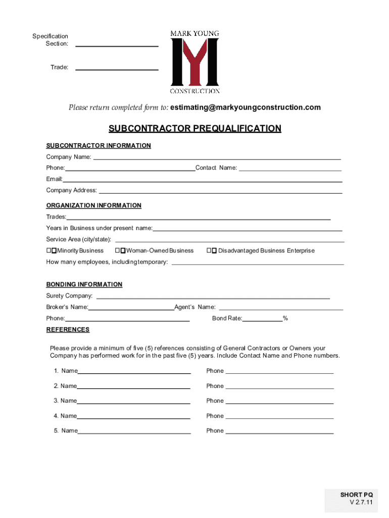 Fillable Online New Subcontractor Prequalification Process. Dear ...