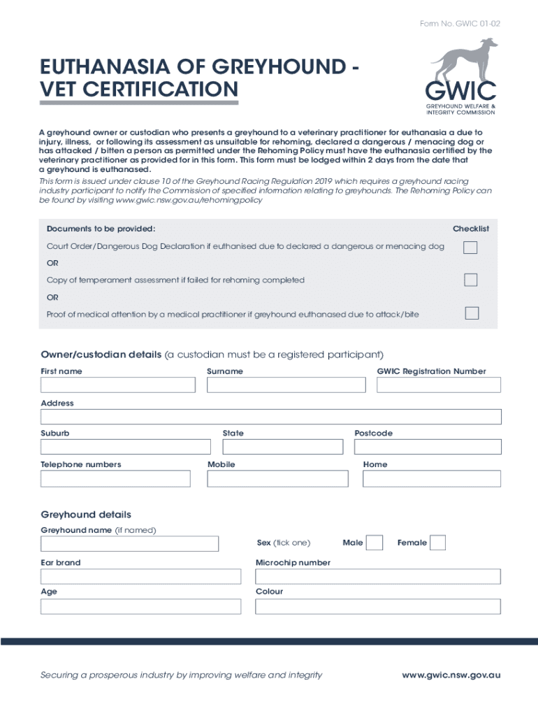 Fillable Online Greyhound Section B Veterinary Certificate of Euthansia ...