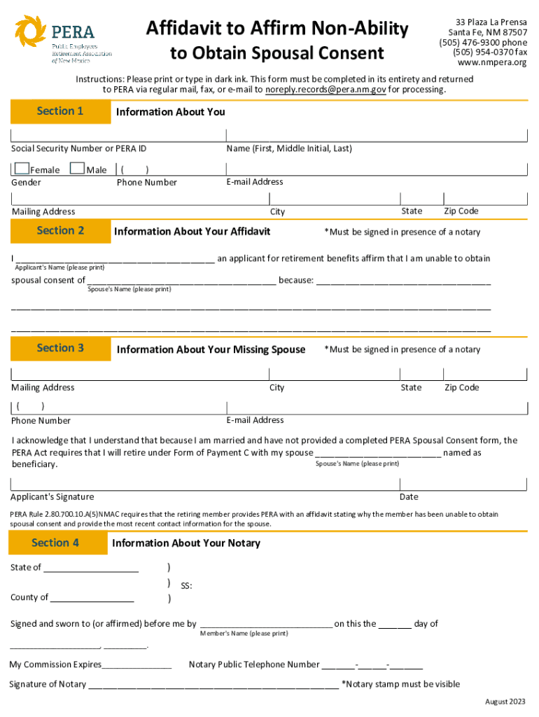 Fillable Online Affidavit to Affirm Non-Ability - to Obtain Spousal Consent Fax Email Print ...