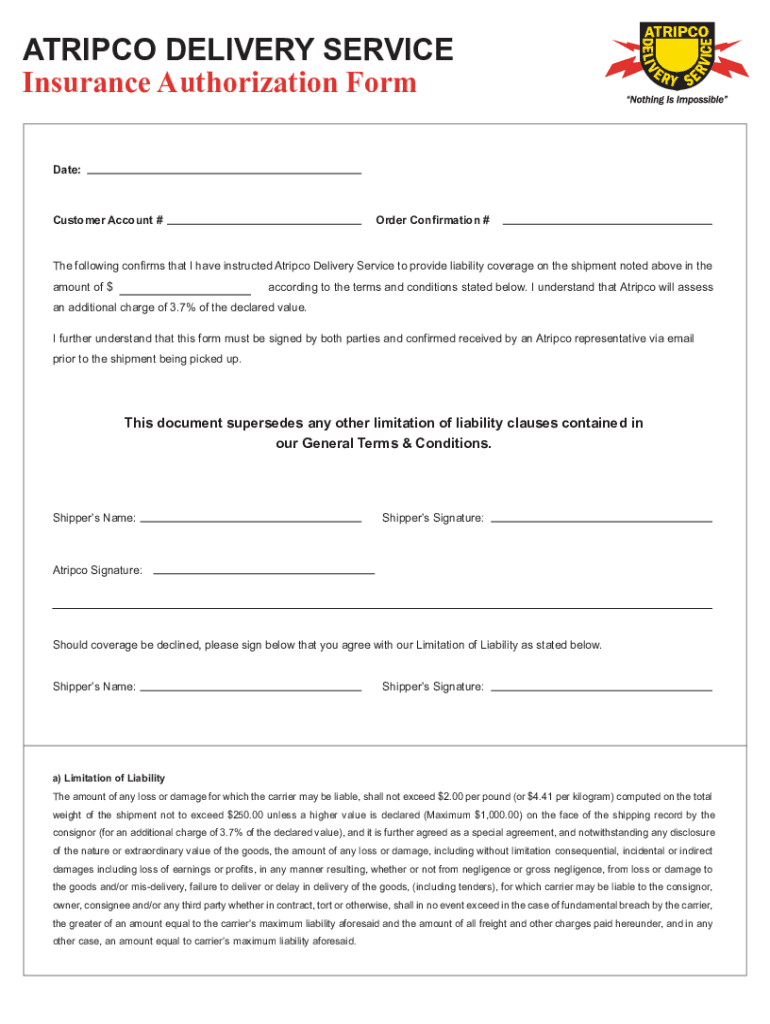 Fillable Online Insurance Authorization Form ATRIPCO DELIVERY SERVICE ...