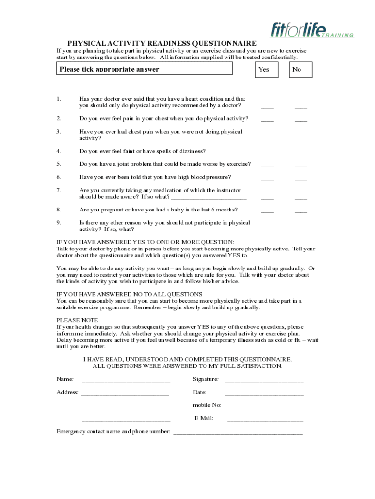 Fillable Online PAR Q Form - Pilates Class Bookings 07855 291833 Fax ...