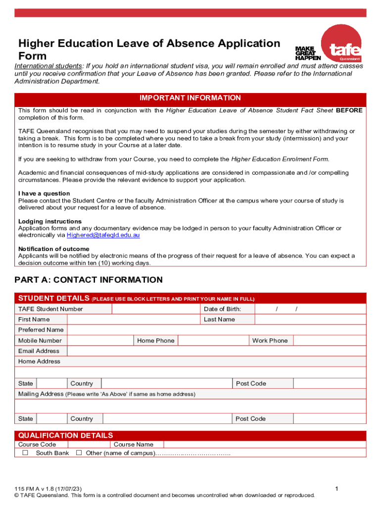 Fillable Online Higher Education Leave of Absence Application Form Fax ...
