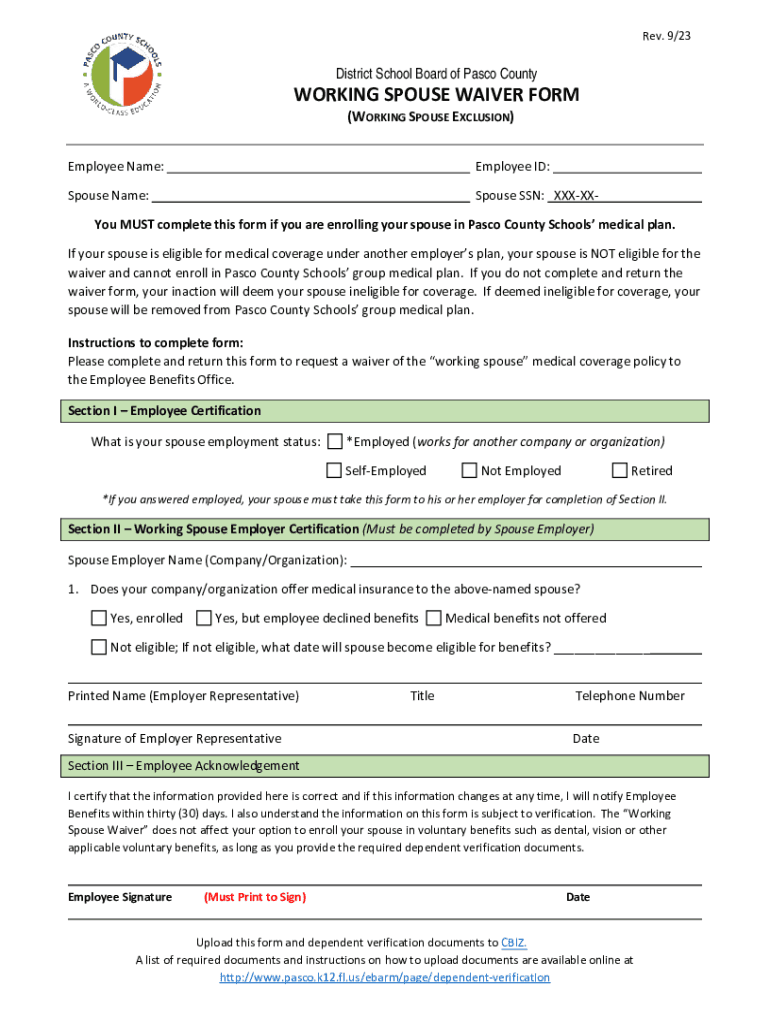 Fillable Online WORKING SPOUSE WAIVER FORM Fax Email Print - pdfFiller