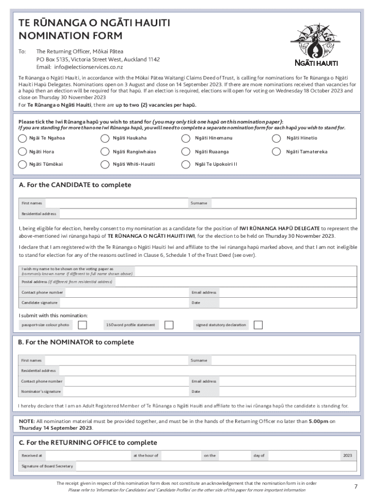 Fillable Online mokaipateaclaims maori TE RNANGA O NGTI HAUITI NOMINATION FORM Fax Email Print ...