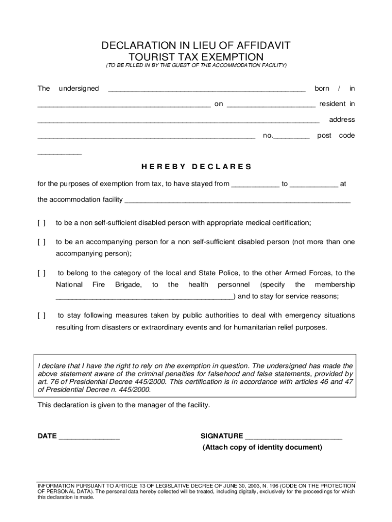 Fillable Online TOURIST TAX SELF DECLARATION OF EXEMPTION Fax Email Print - pdfFiller