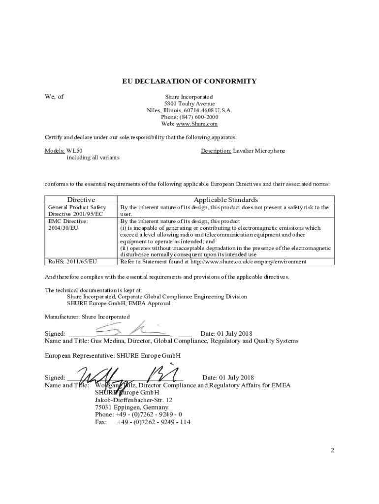 Fillable Online 2 EU DECLARATION OF CONFORMITY Directive ... Fax Email ...