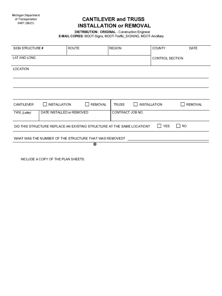 Fillable Online MDOT Form 0467 (10/99) - 'CANTILEVER and TRUSS ...