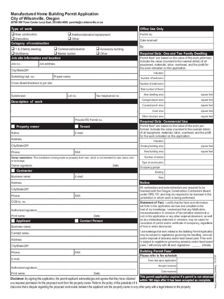 Fillable Online Manufactured Home Building Permit Application City of ... Fax Email Print ...