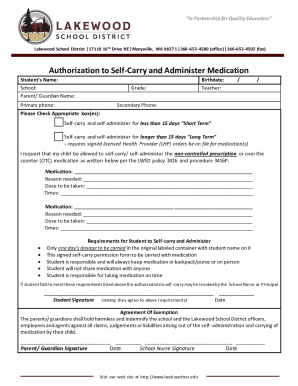 Fillable Online Authorization to self-carry and administer medication ...