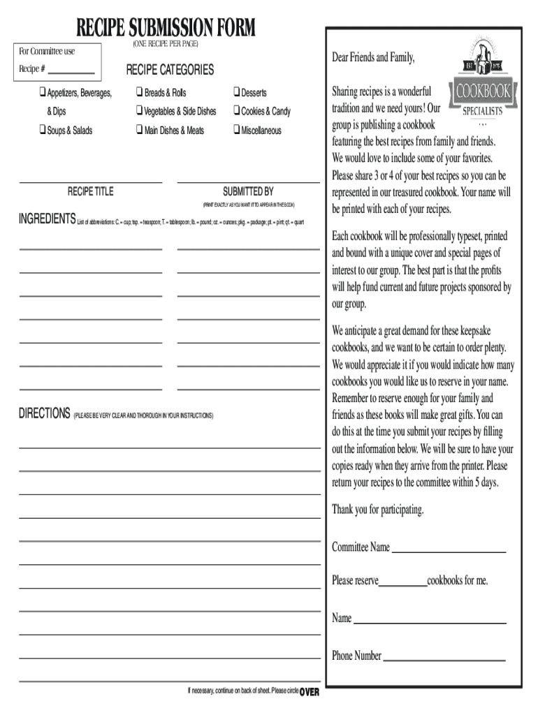 Cookbook recipe submission form: Fill out & sign online | DocHub