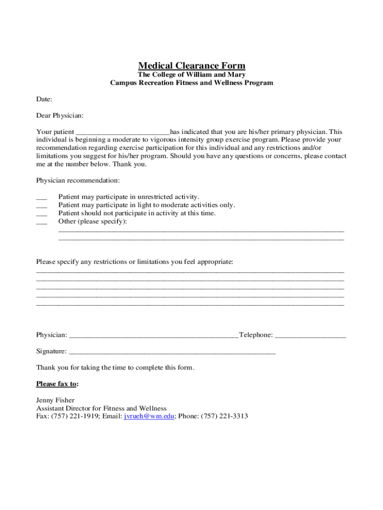 Fillable Online Campus Recreation Medical Clearance Form Fax Email Print - pdfFiller