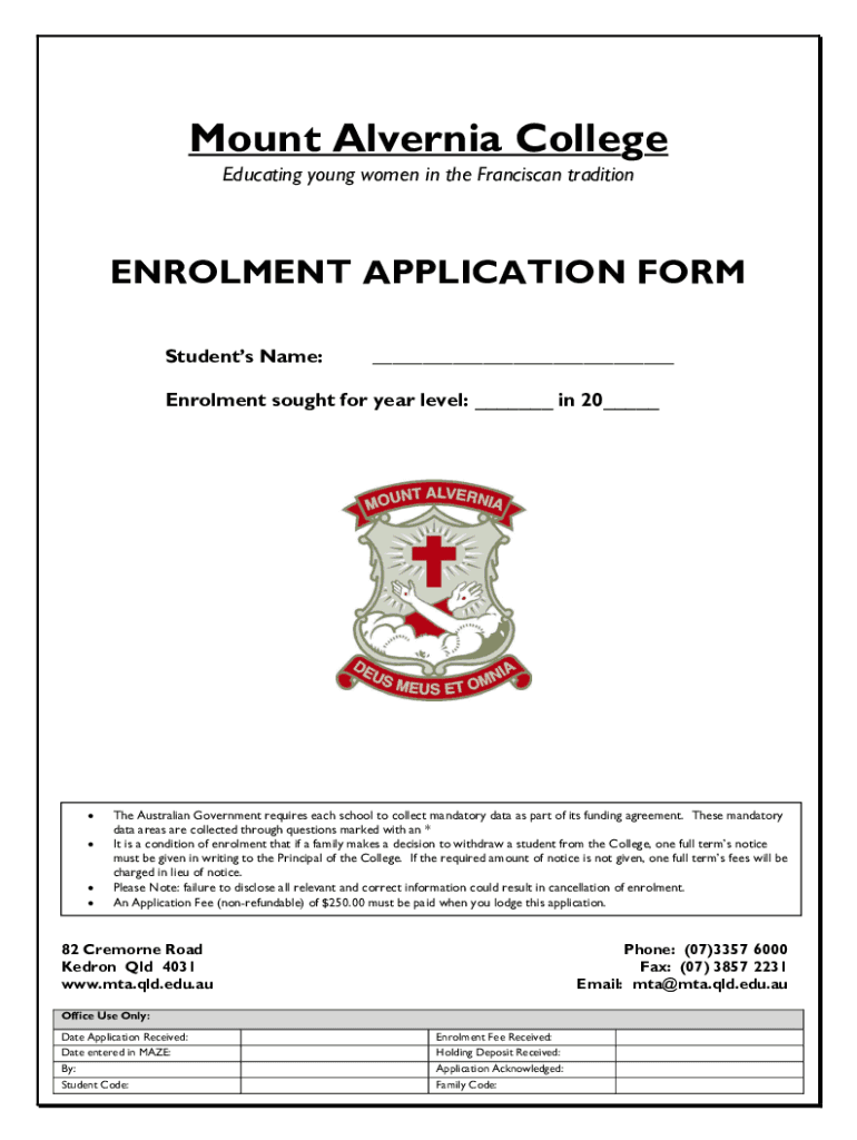 Fillable Online Mount Alvernia College: Catholic Girls High School ...