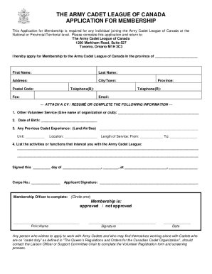 Fillable Online THE ARMY CADET LEAGUE OF CANADA APPLICATION ... Fax ...