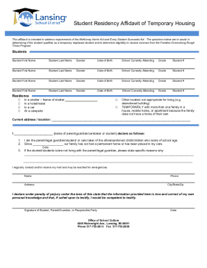 Fillable Online Student Residency Affidavit of Temporary Housing Fax ...