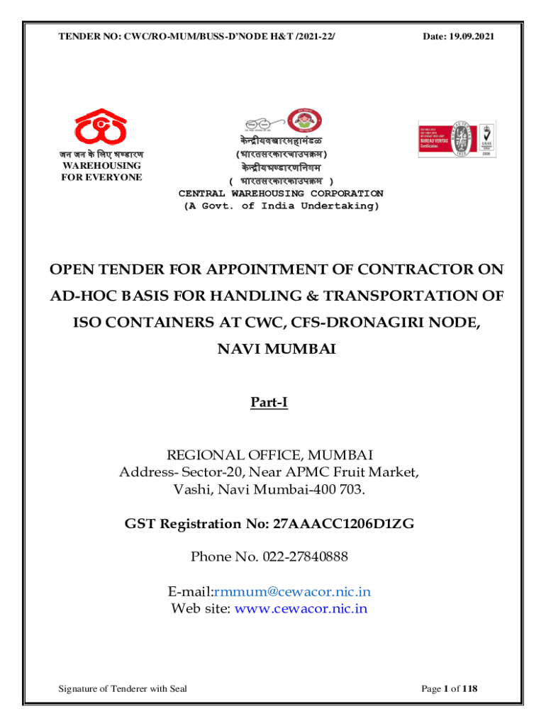 Fillable Online TENDER NO: CWC/RO-MUM/BUSS-DNODE H&T /2021-22/ Fax ...