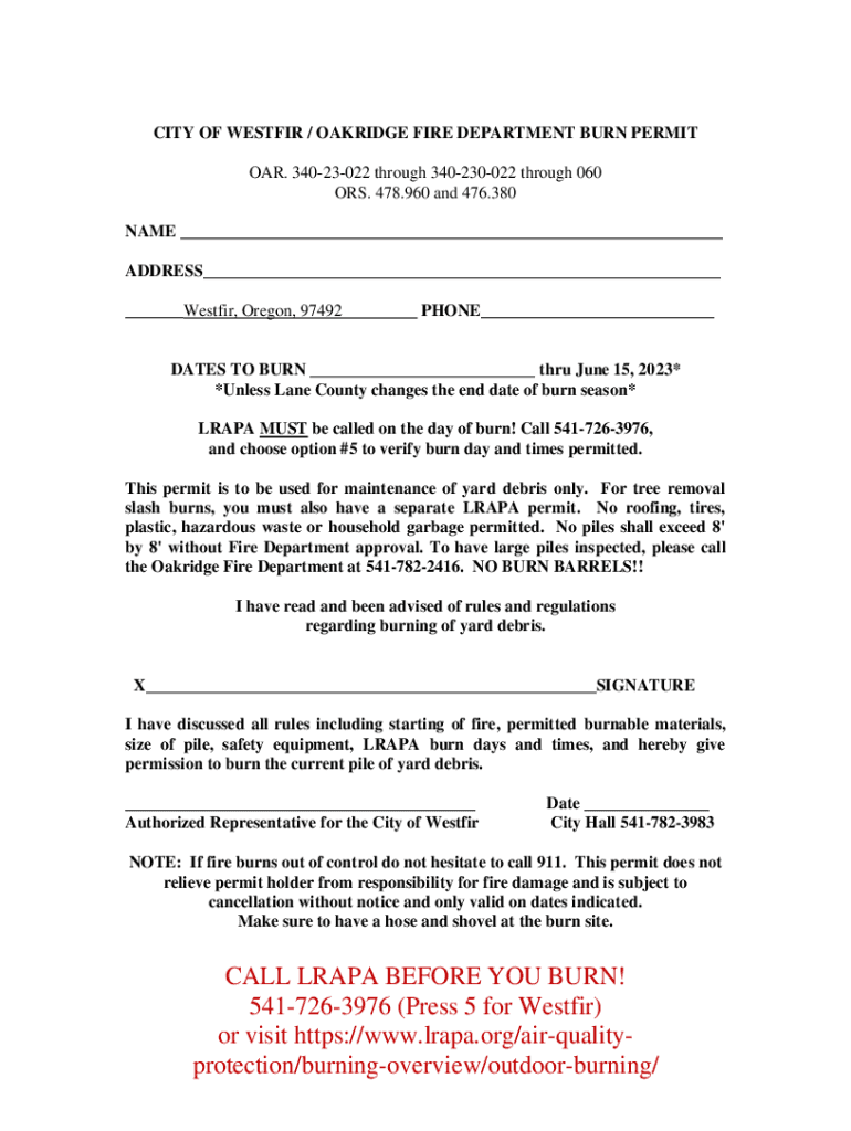 Fillable Online CITY OF WESTFIR FIRE DEPARTMENT BURN PERMIT Fax Email ...