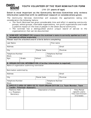 Fillable Online YOUTH VOLUNTEER OF THE YEAR NOMINATION FORM Fax Email ...