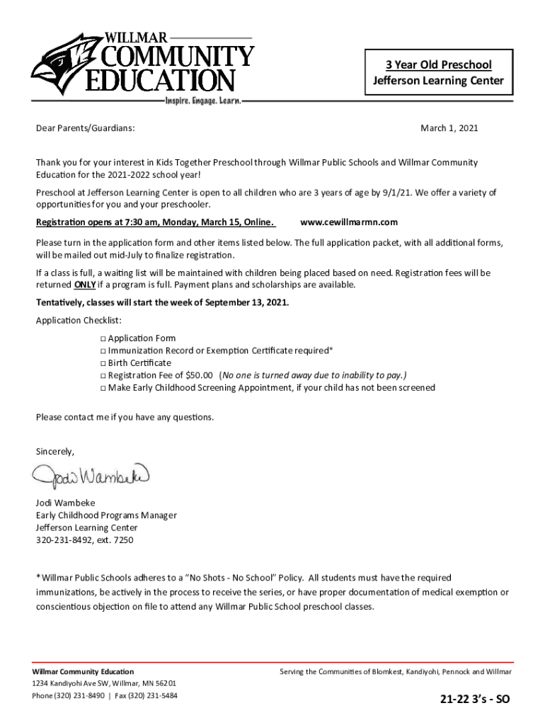 Fillable Online 3 Year Old Preschool Jefferson Learning Center 21-22 3's Fax Email Print - pdfFiller