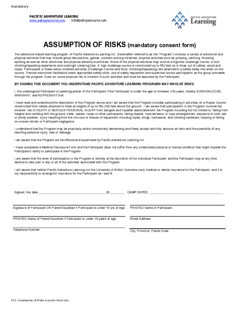 Fillable Online recreation ubc ASSUMPTION OF RISKS (mandatory consent ...