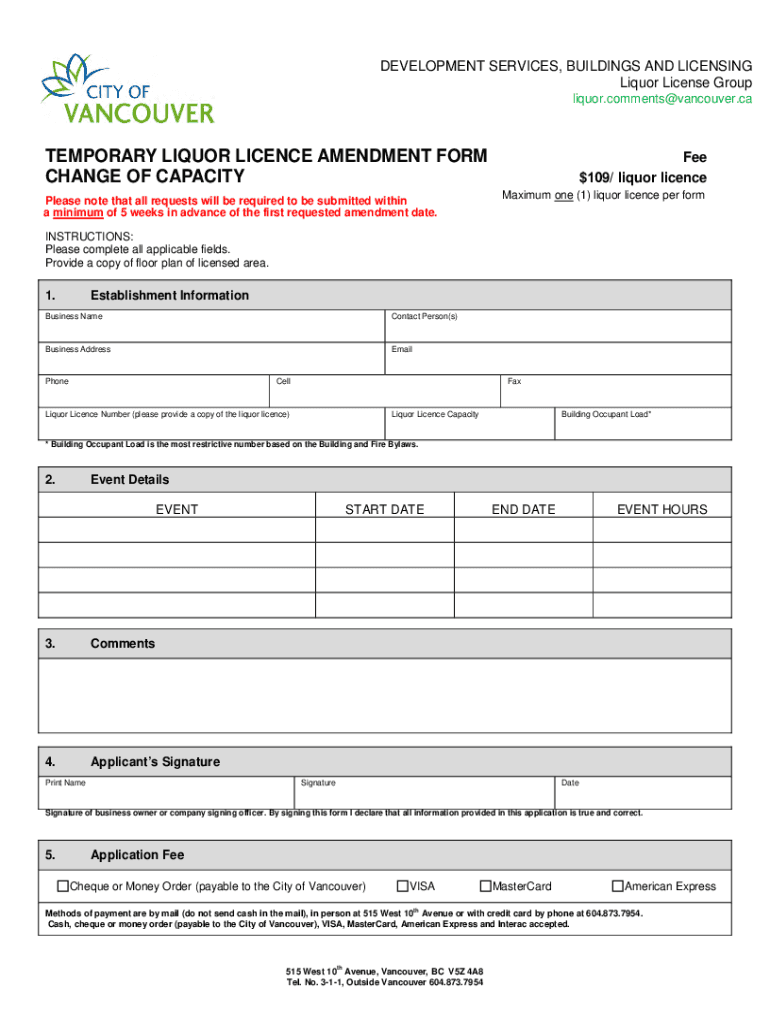 Fillable Online Temporary liquor licence amendment form change of ...