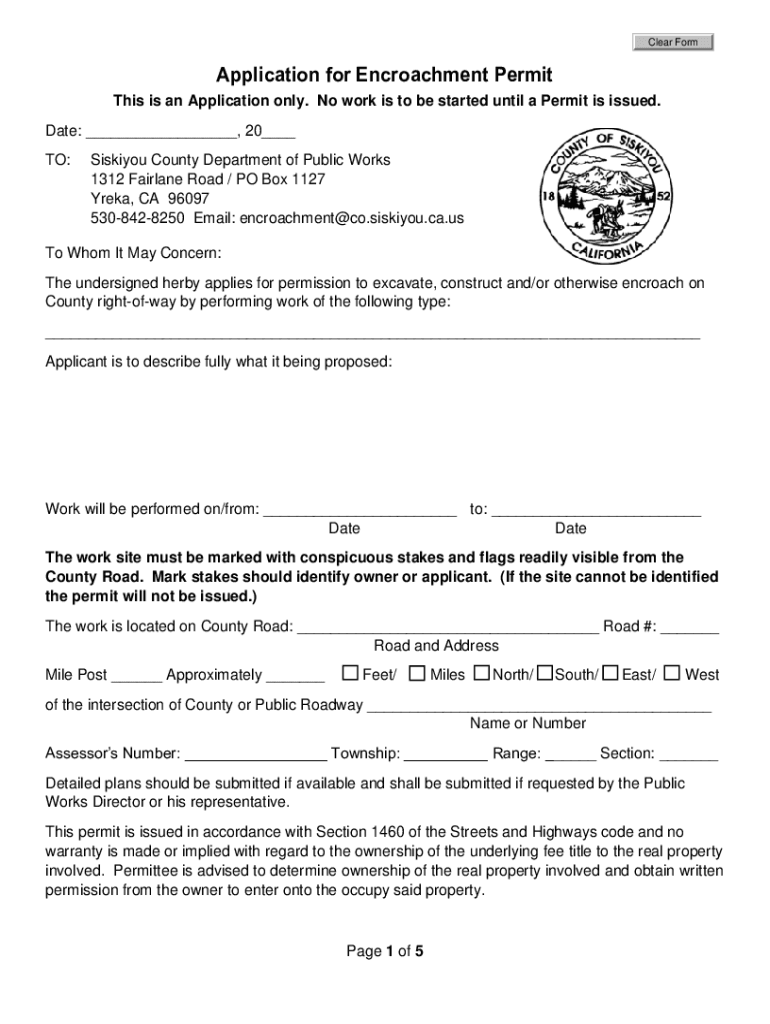 Fillable Online Application for Encroachment Permit - Siskiyou County ...