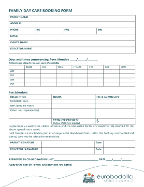 Fillable Online FAMILY DAY CARE BOOKING FORM $ Fax Email Print - pdfFiller