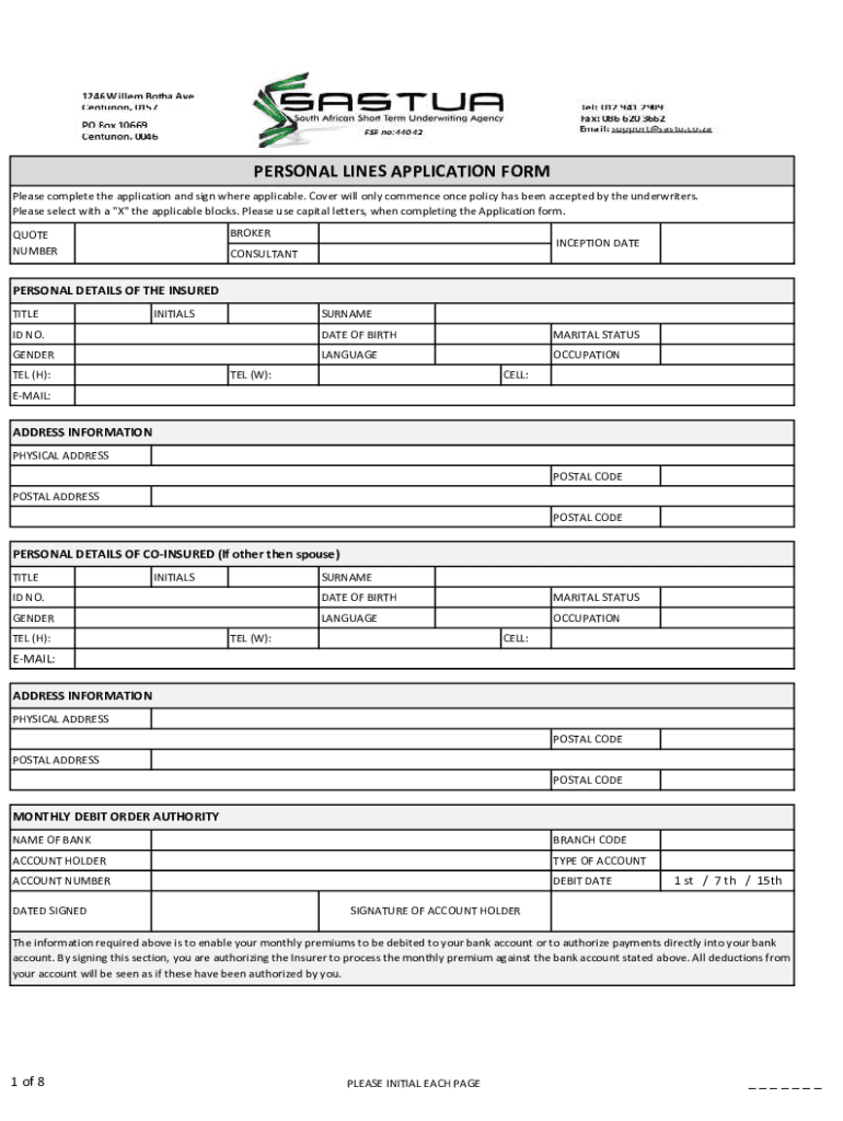 Fillable Online personal lines application form Fax Email Print - pdfFiller
